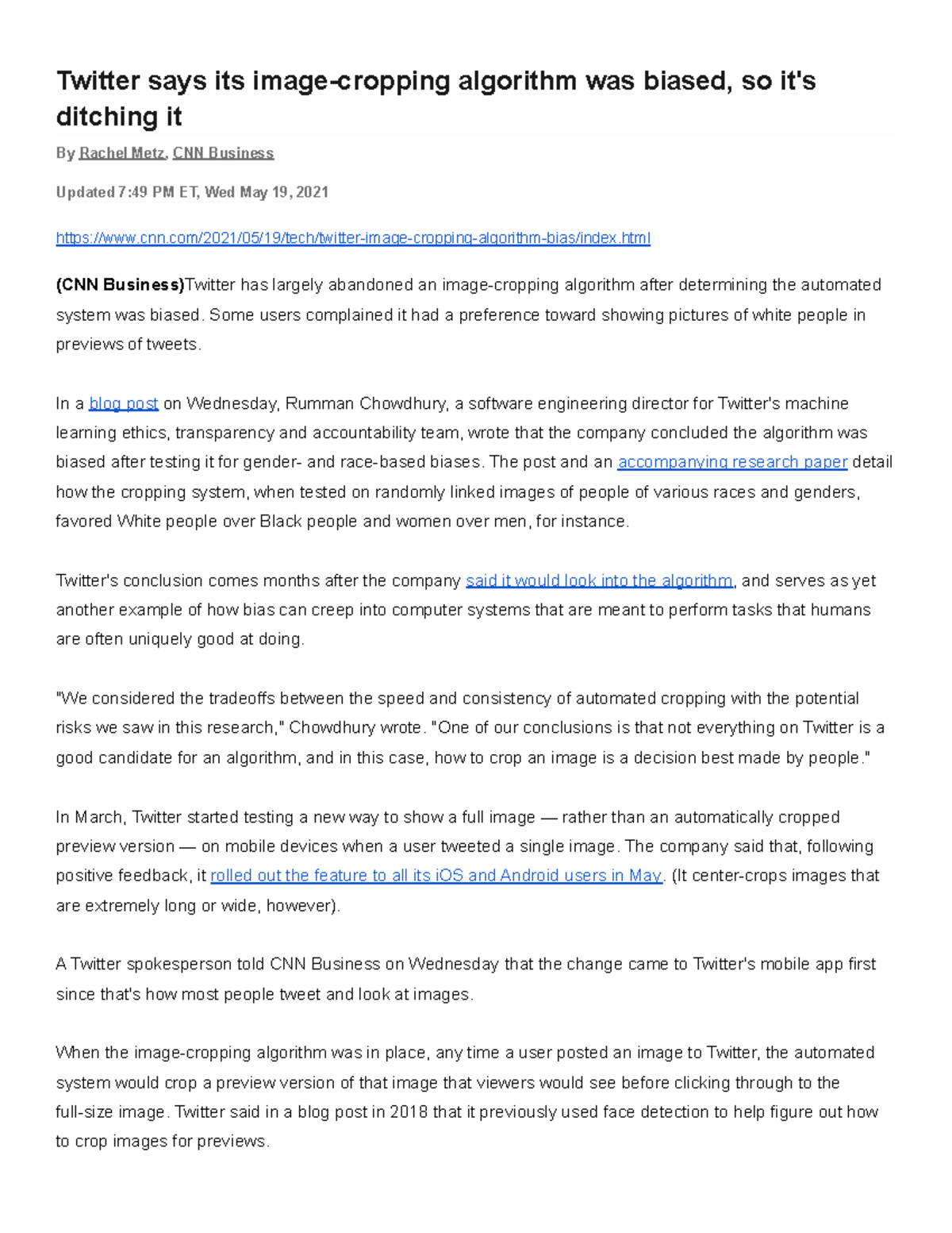 Twitter says its image-cropping algorithm was biased, so it's ditching ...